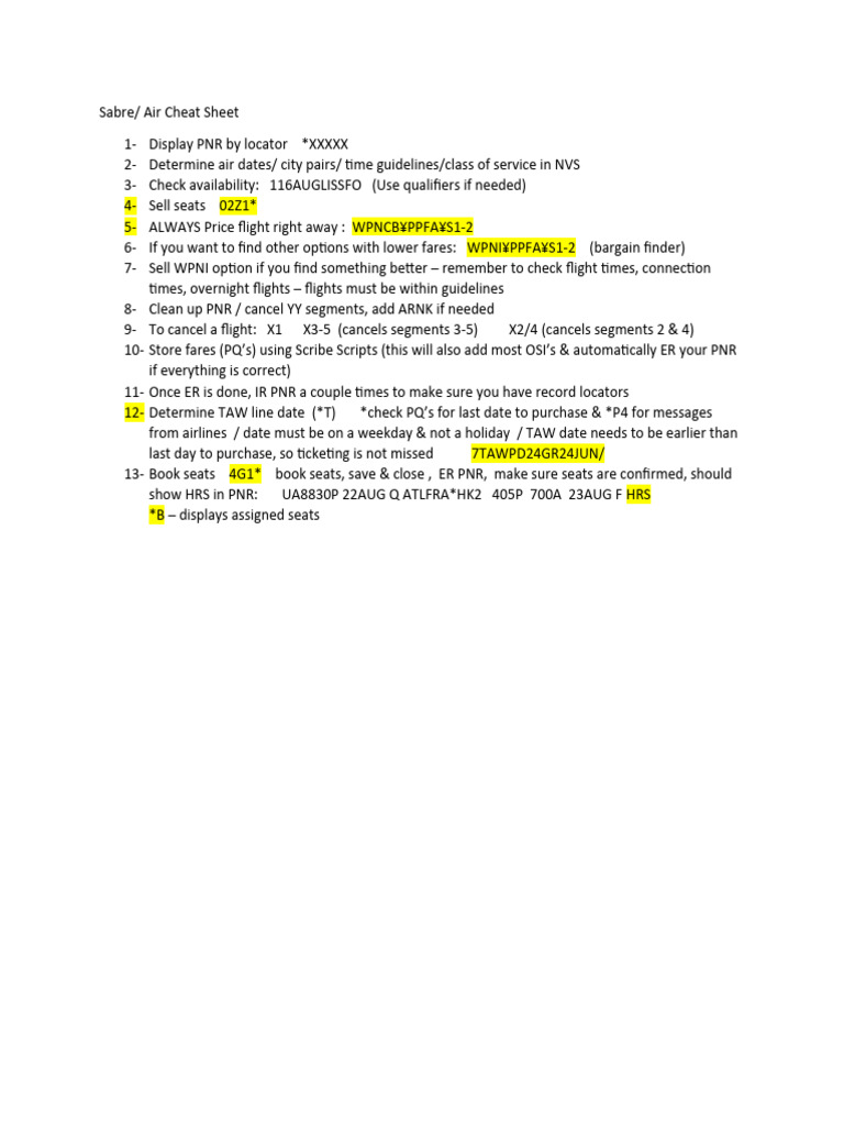 Sabre Cheat Sheet Cali | PDF