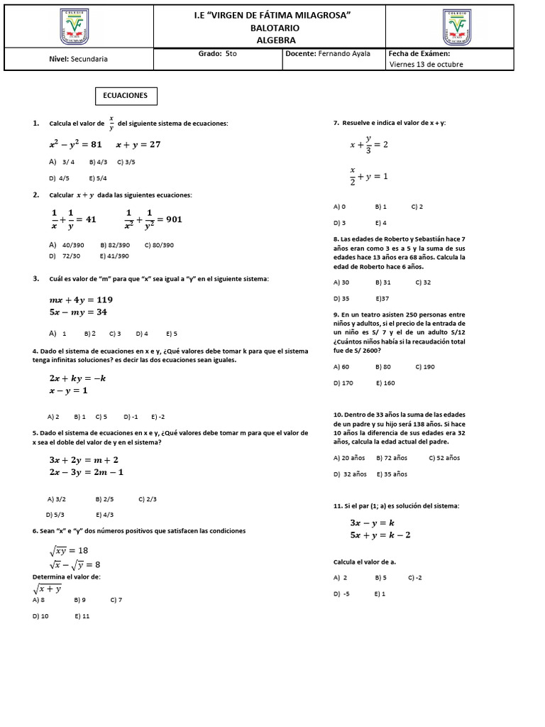 5 Balotario Algebra | PDF | Ecuaciones | Entero