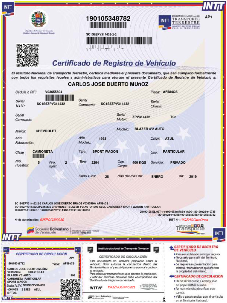 Mini Certificado de Registro de Vehiculos 1 | PDF