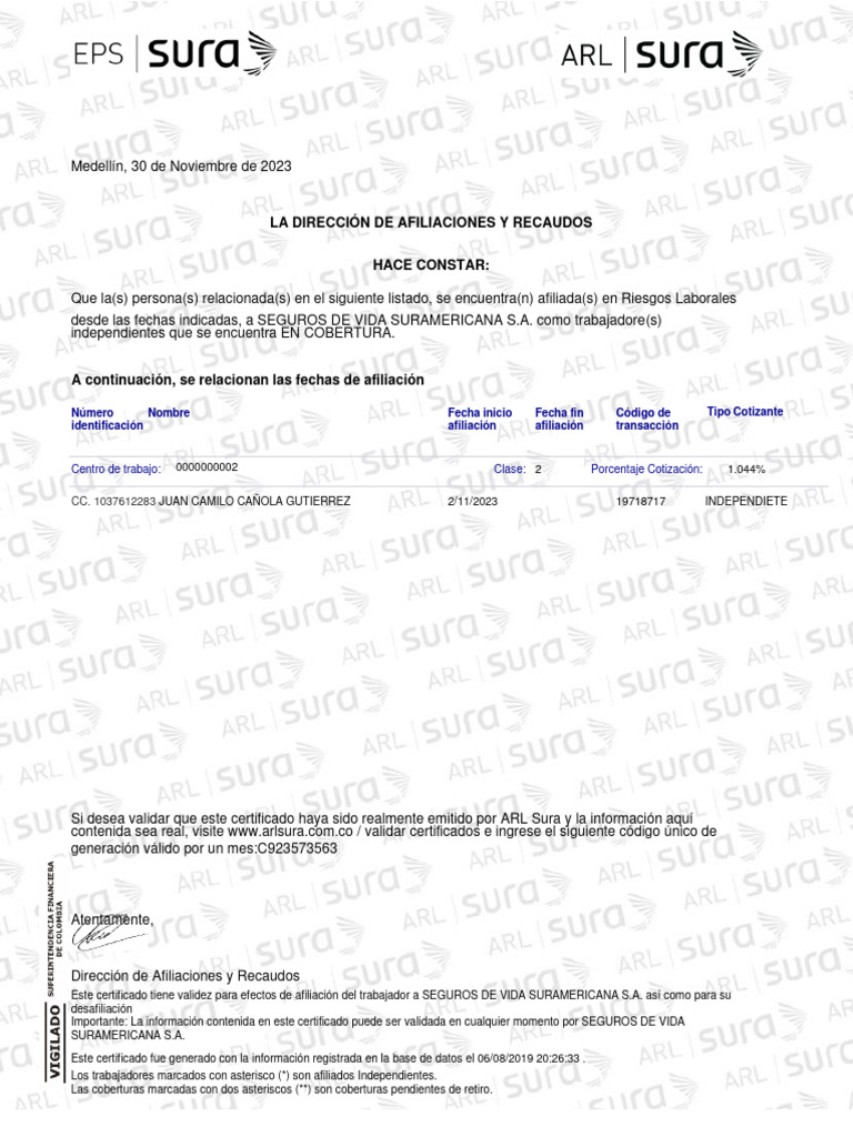 Arl Certificado | PDF | Negocios | Derecho