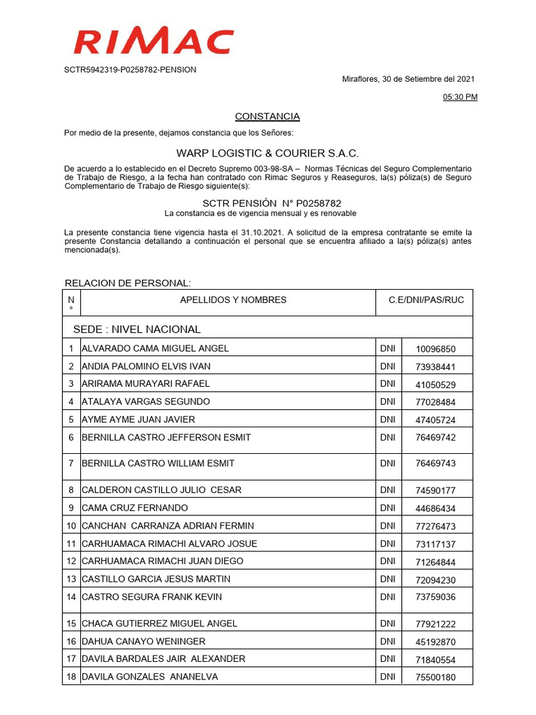 Constancia de SCTR para Empleados | PDF | Seguro | Riesgo financiero