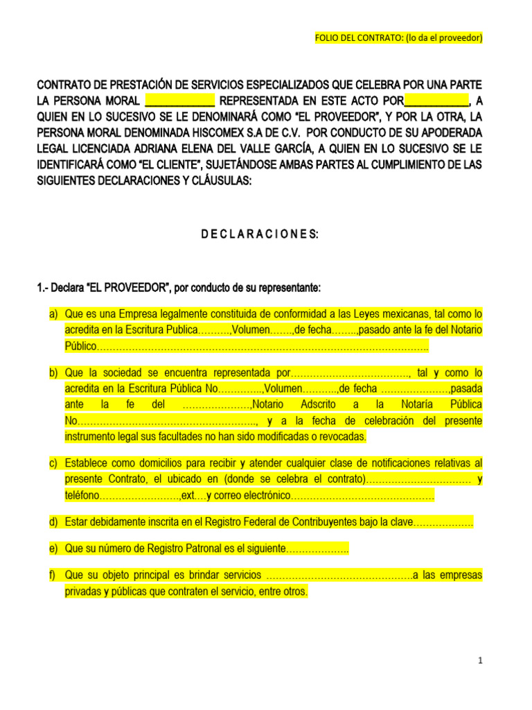 Formato Contrato Repse Hiscomex Proveedor Persona Moral Anexos ...