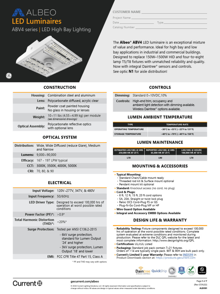ABV4 High Bay Lighting Specsheet | PDF | Lighting | Optics