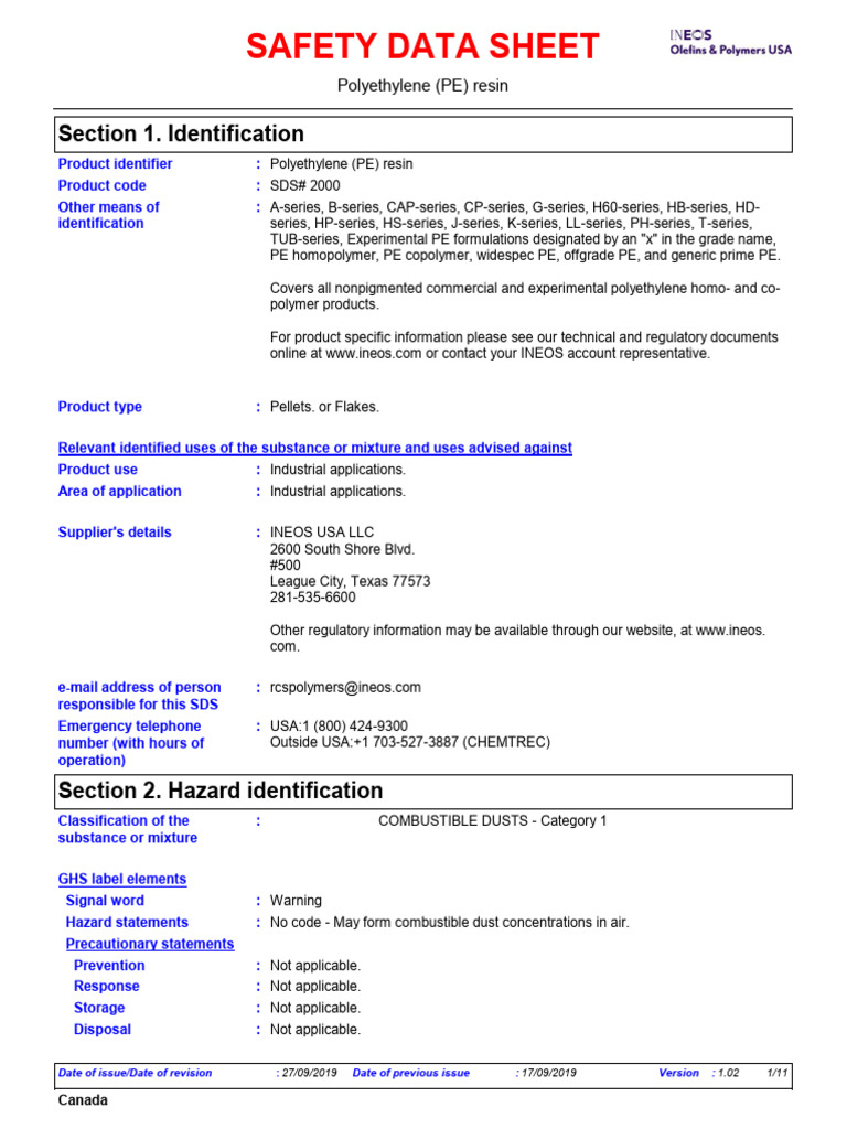 Ineos Pe SDS | PDF | Waste | Combustion