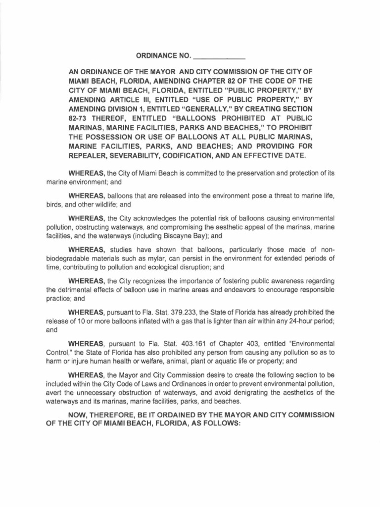 Ordinance - 1st Rdg. - Creating Section 82-73 - Balloons Prohibited at ...
