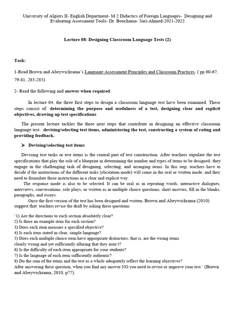 Lecture 08 Designing Classroom Language Tests | PDF
