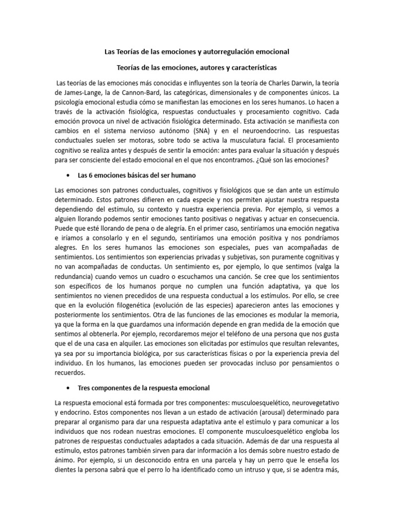 Las Teorías De Las Emociones Y Autorregulación Emocional Pdf Las