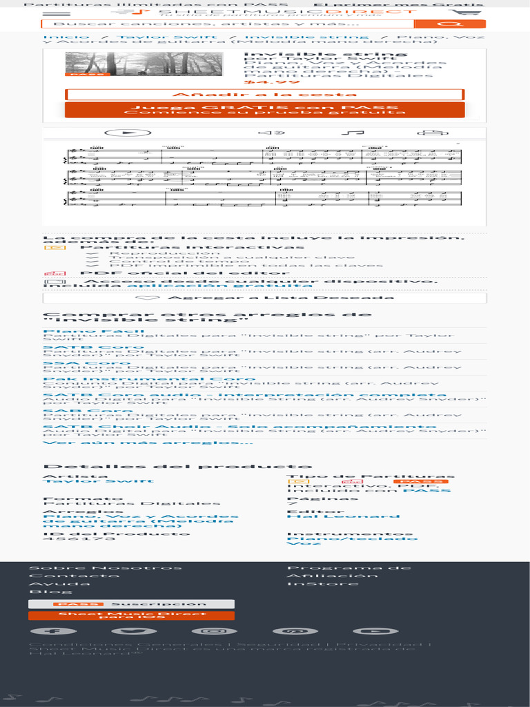 invisible string Partituras Taylor Swift Piano, Voz y Acordes de ...