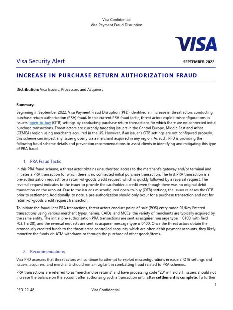 PFD-22-48 - Visa - Security Alert - Increase in PRA Fraud | PDF | Visa ...