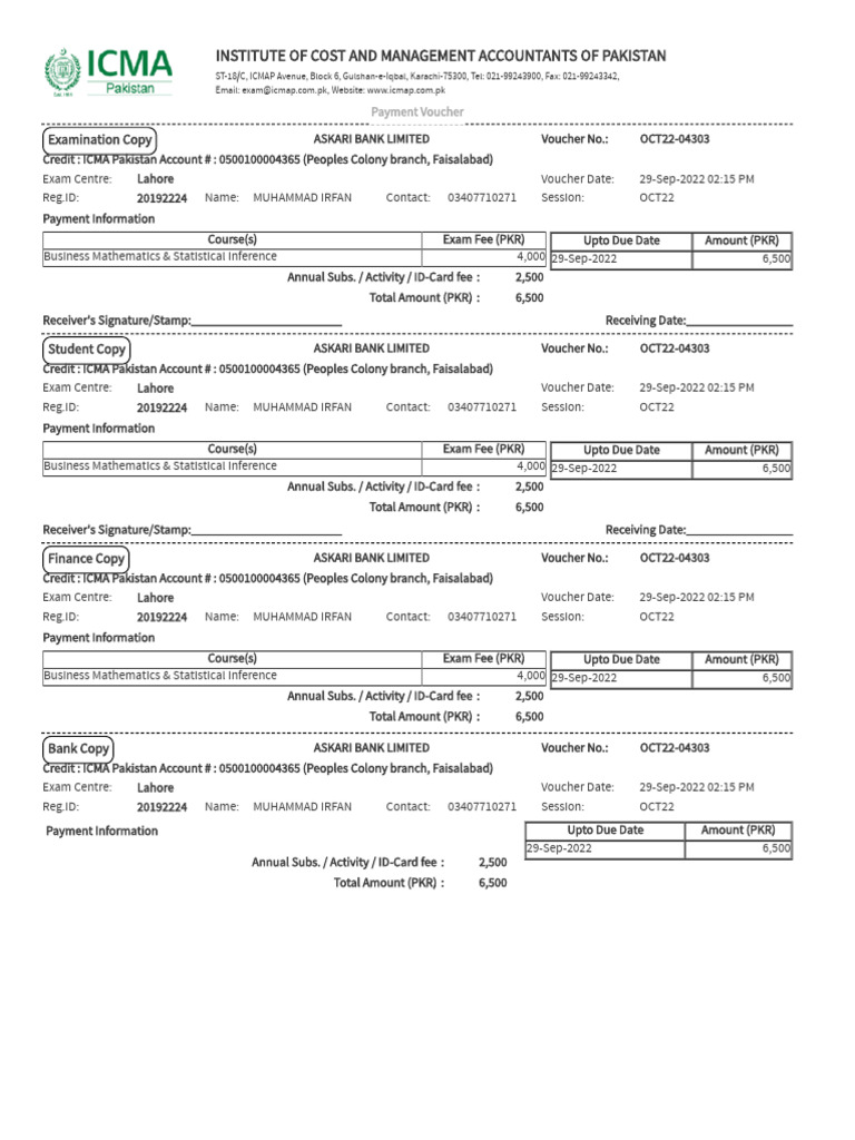 ICMA Examination Payment Voucher | PDF | Payments | Money