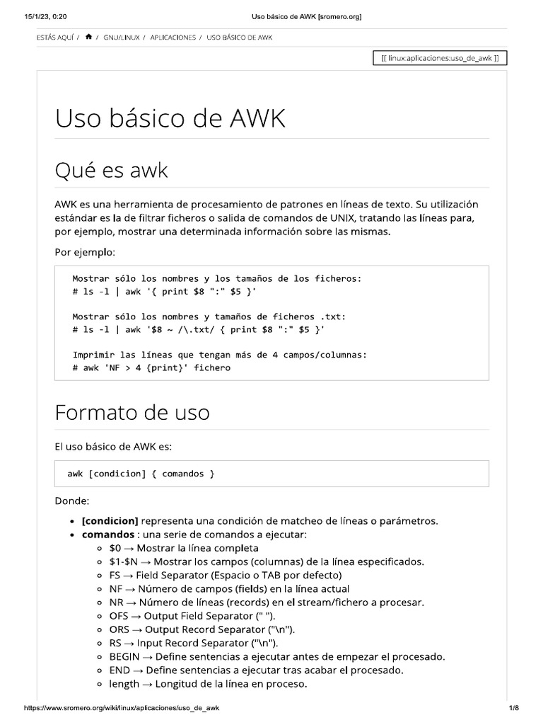 Uso Básico de AWK (Sromero - Org) | PDF | Teaching Methods & Materials