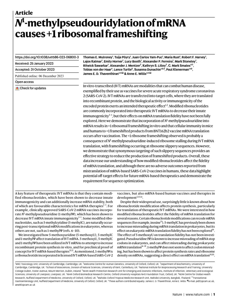 Methylpseudouridylation of mRNA Causes +1 Ribosomal Frameshifting | Download Free PDF ...