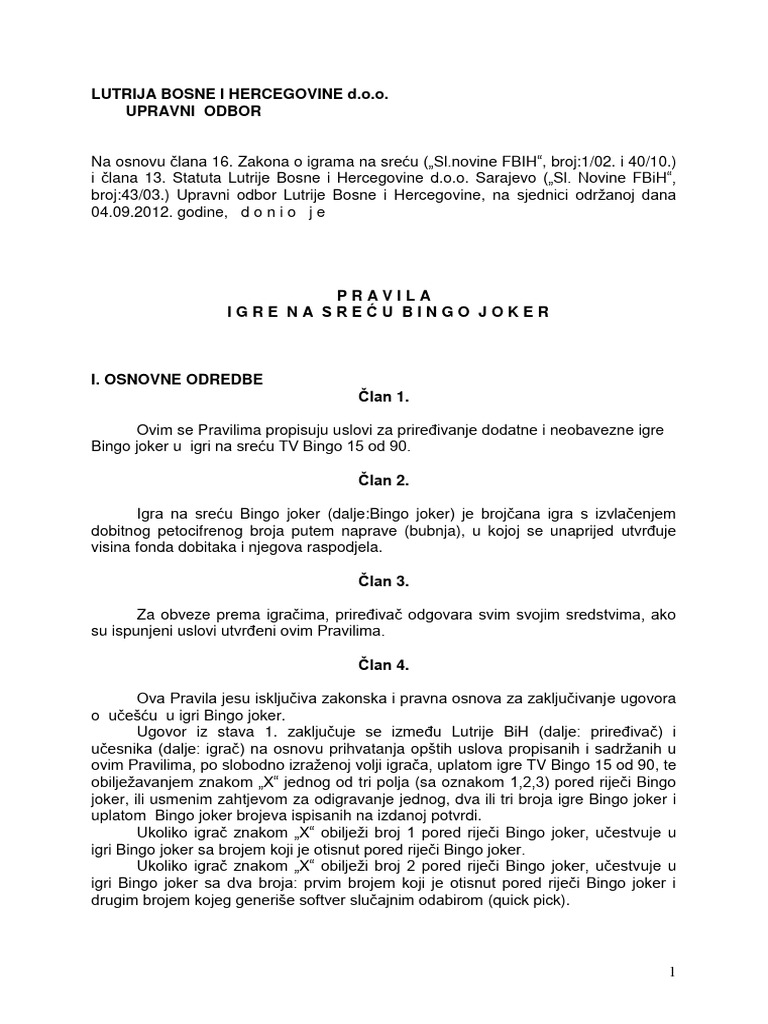 Pravila Igre Na Sreću Bingo Joker | PDF