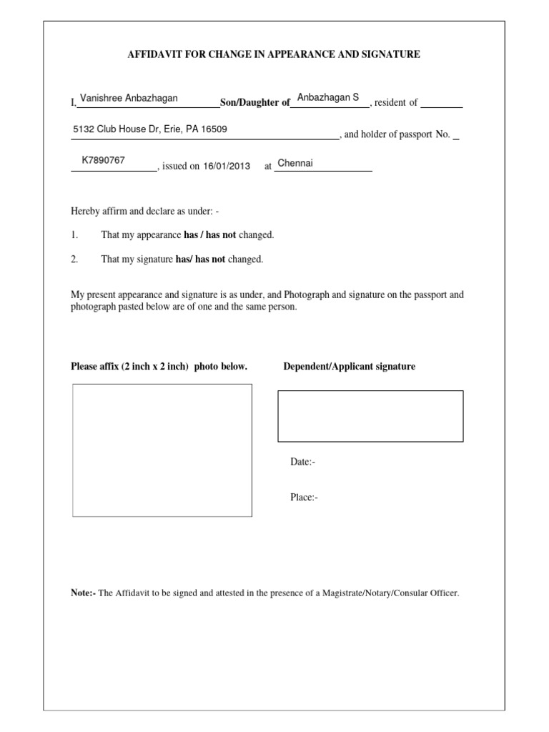 Affidavit For Change in Appearance and Signature | PDF