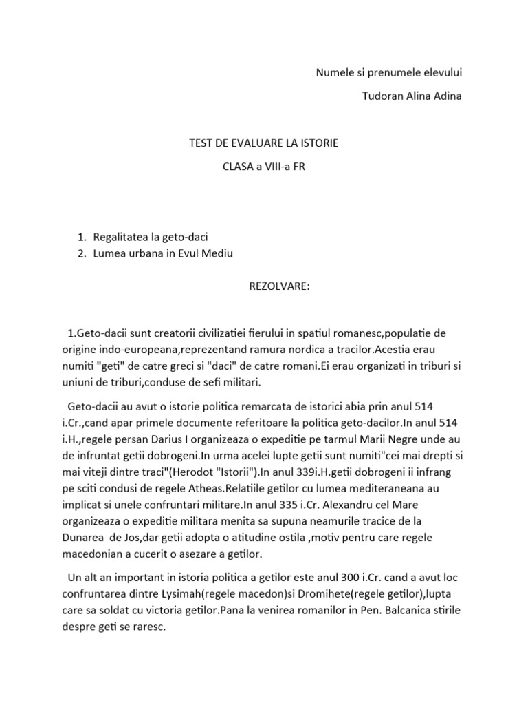 Test ISTORIE - VIII FR - Tudoran Alina Adina | PDF