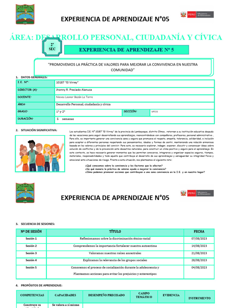 1° y 2º EXPERIENCIA DE APRENDIZAJE - EXP. 05 - DPCC | PDF | Aprendizaje | Autoestima