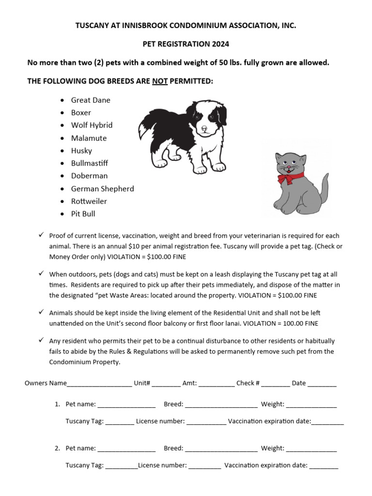 Pet Registration Form 2024 | PDF