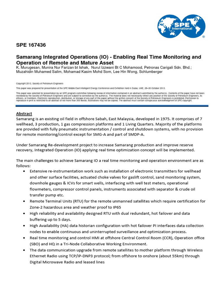 SPE 167436 Samarang Integrated Operations (IO) - Enabling Real Time Monitoring and Operation of ...