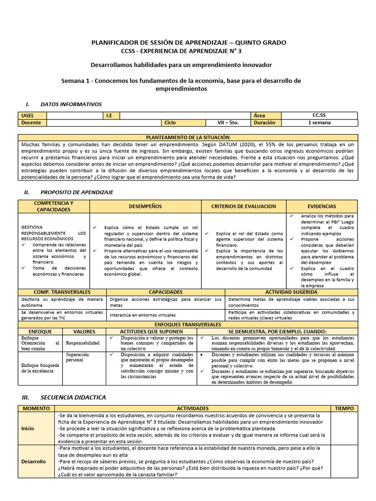 Sesion CCSS 5° Sem 1 | PDF | Evaluación | Iniciativa empresarial