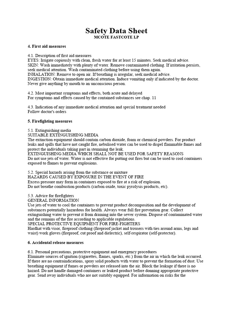 Safety Data Sheet: 4. First Aid Measures | PDF | Firefighting | Fires