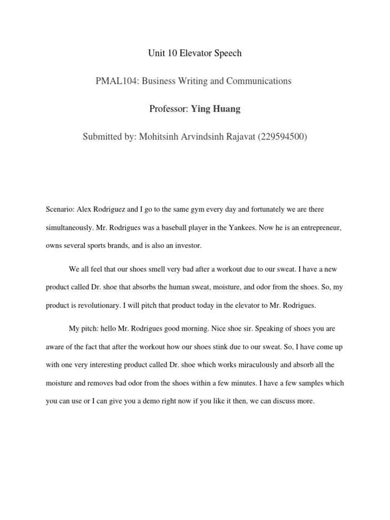 Unit 10 Elevator Speech | PDF