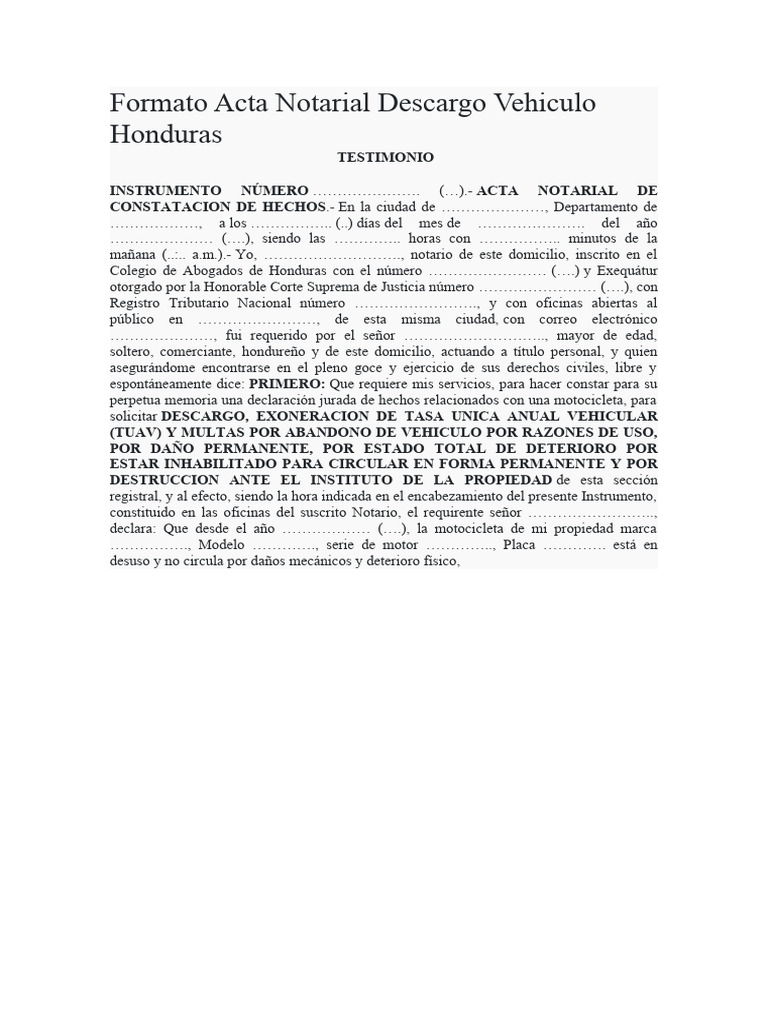 Formato Acta Notarial Descargo Vehiculo Honduras | PDF