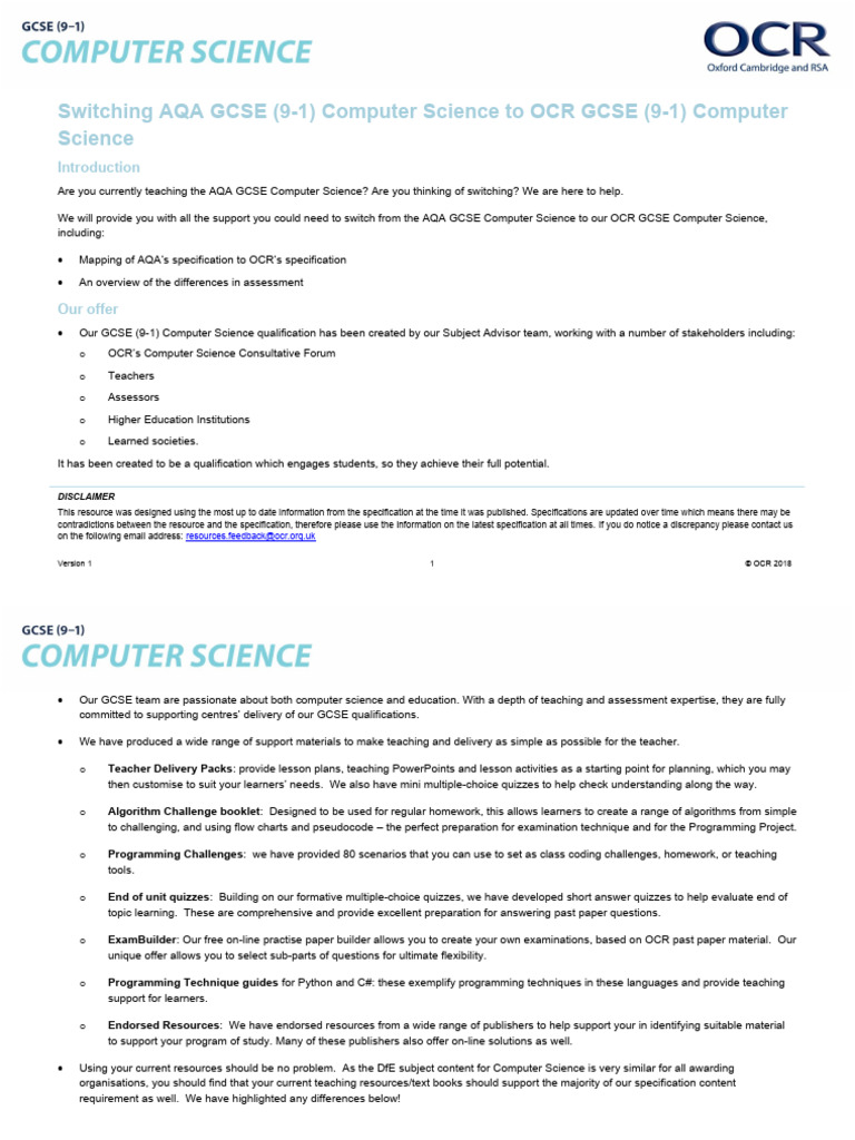 Switching To Ocr Gcse 9 1 Computer Science From Aqa | PDF | Computer Network | Computer Programming