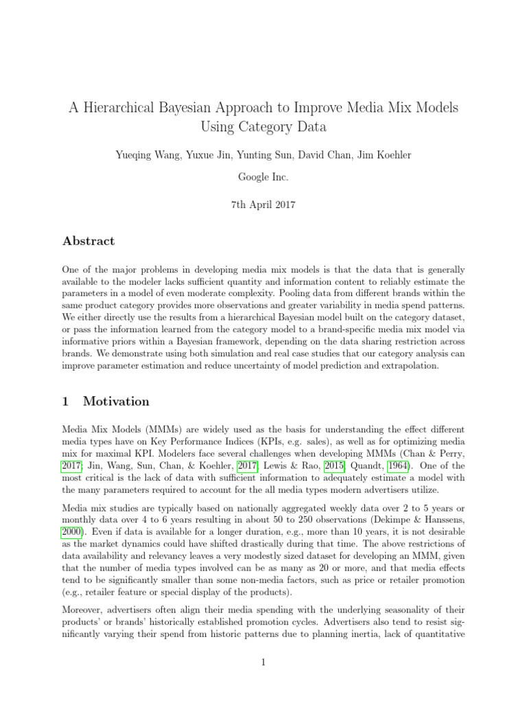 A Hierarchical Bayesian Approach To Improve Media Mix Models Using Category Data | PDF ...