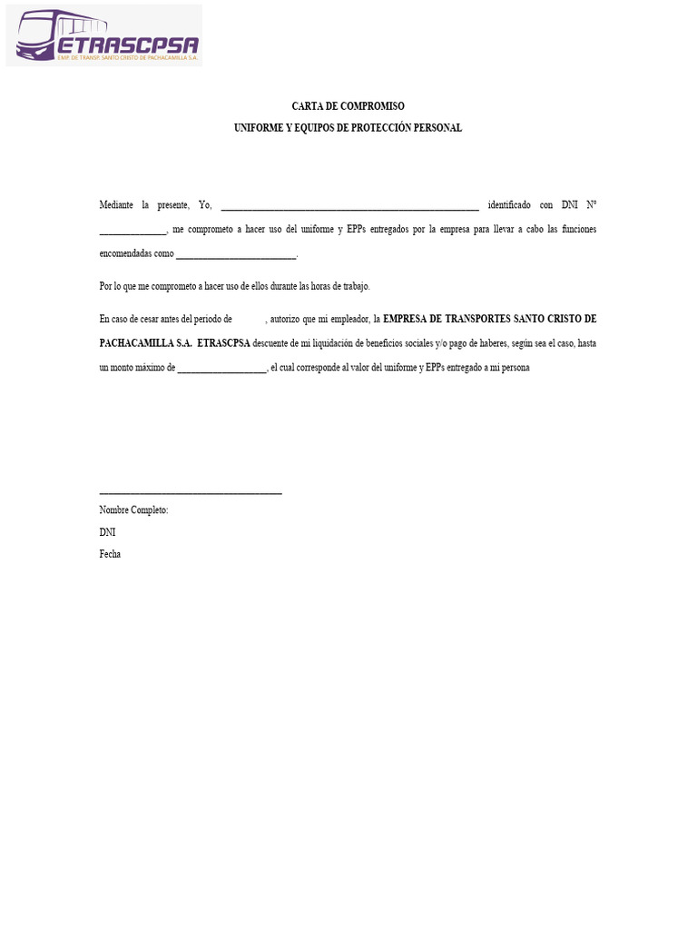 Carta de Compromiso - Uniforme y Equipos de Protección Personal | PDF