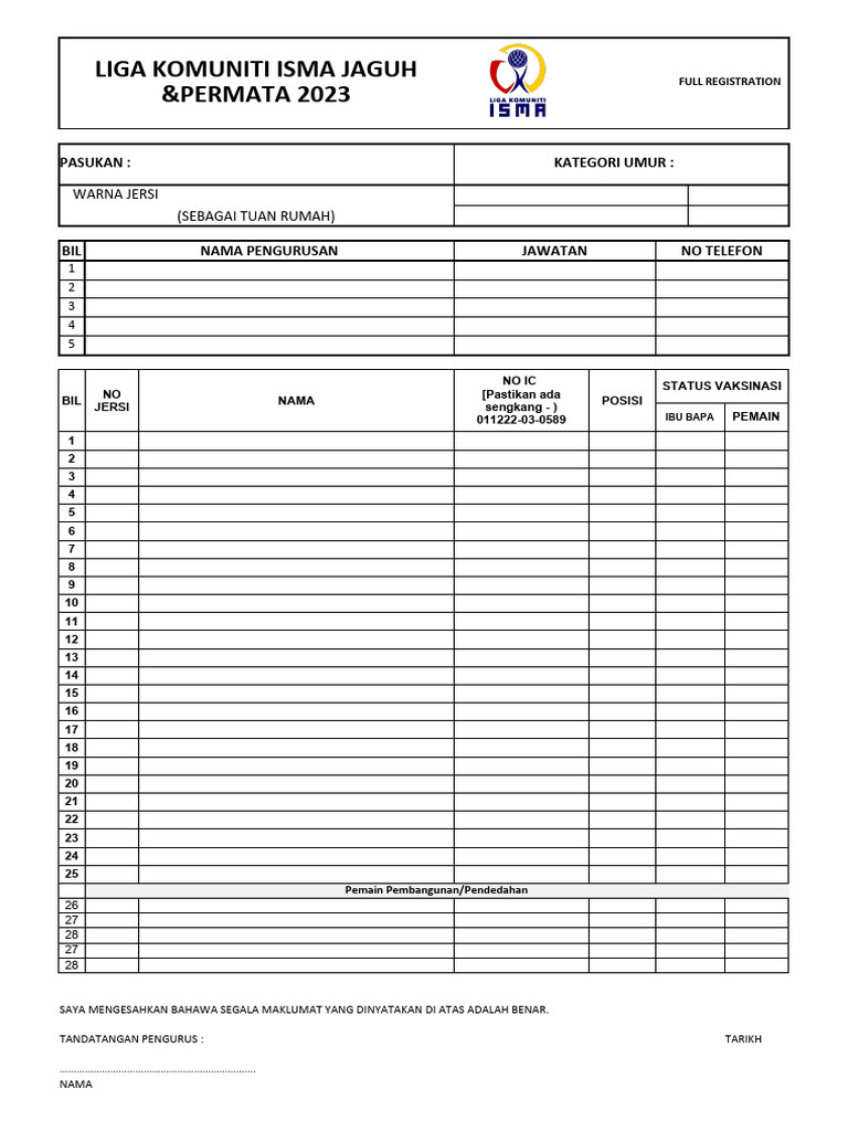 Borang B - Pendaftaran Skuad Liga Komuniti Isma 2023 | PDF