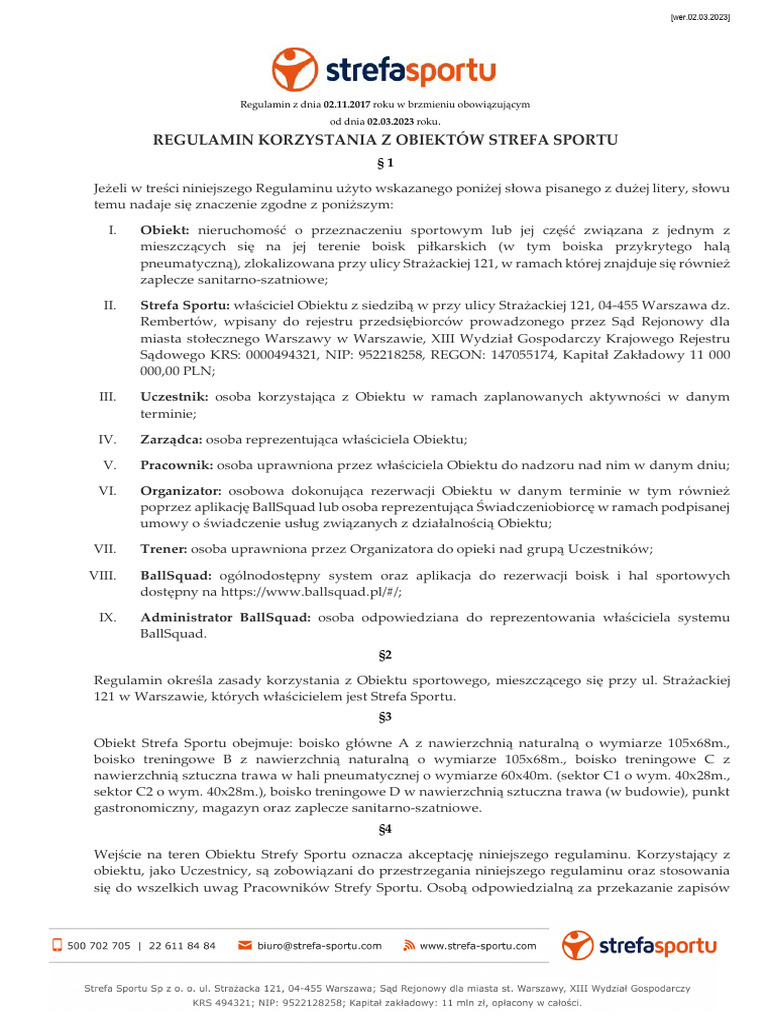 Regulamin Obiektu Strefa Sportu | PDF