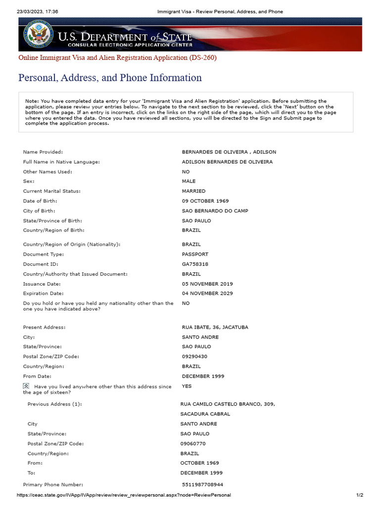 ADILSON BERNARDES - P1 - Immigrant Visa - Review Personal, Address, and ...