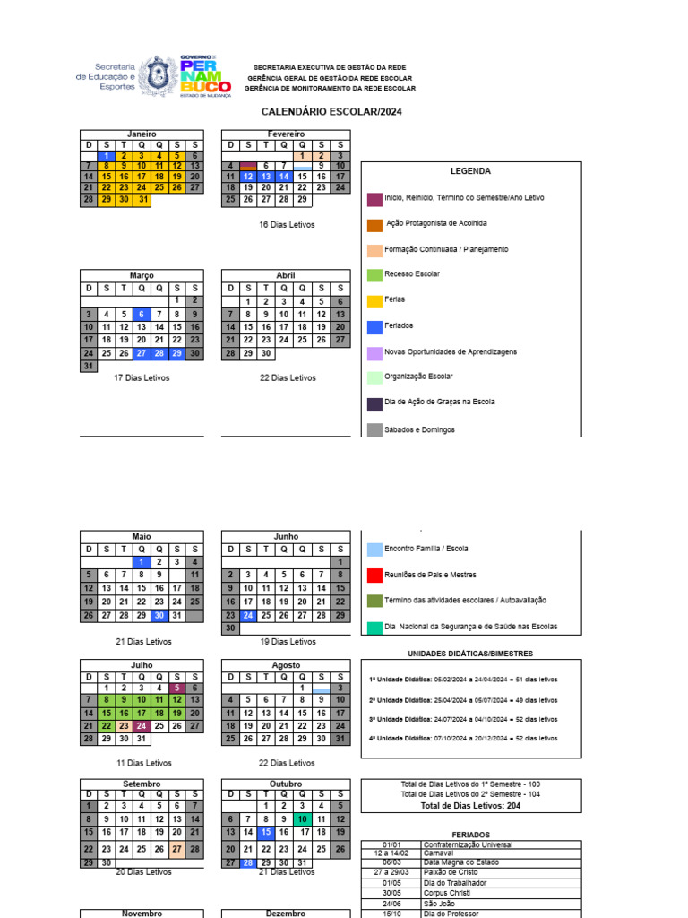 Calendário Escolar 2024 | PDF