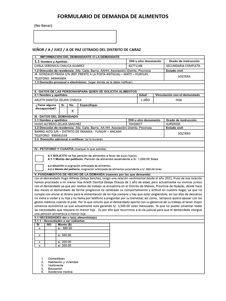 Formulario de Demanda de Alimentos | PDF