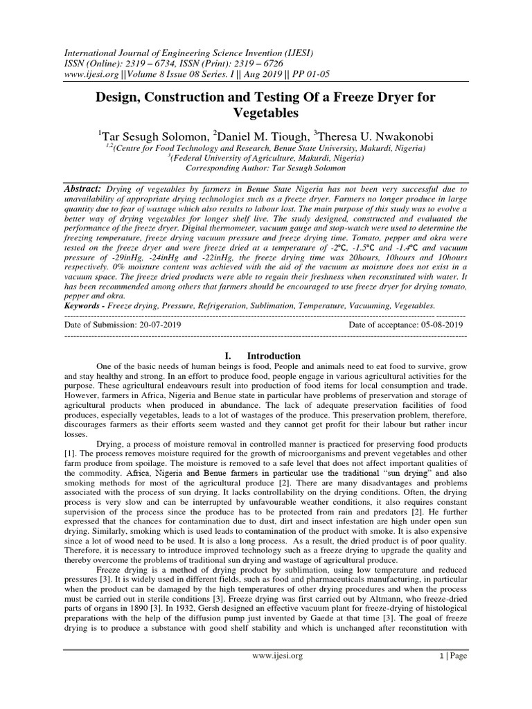 Freeze Dryer Design for Vegetable Preservation | PDF | Thermodynamics ...