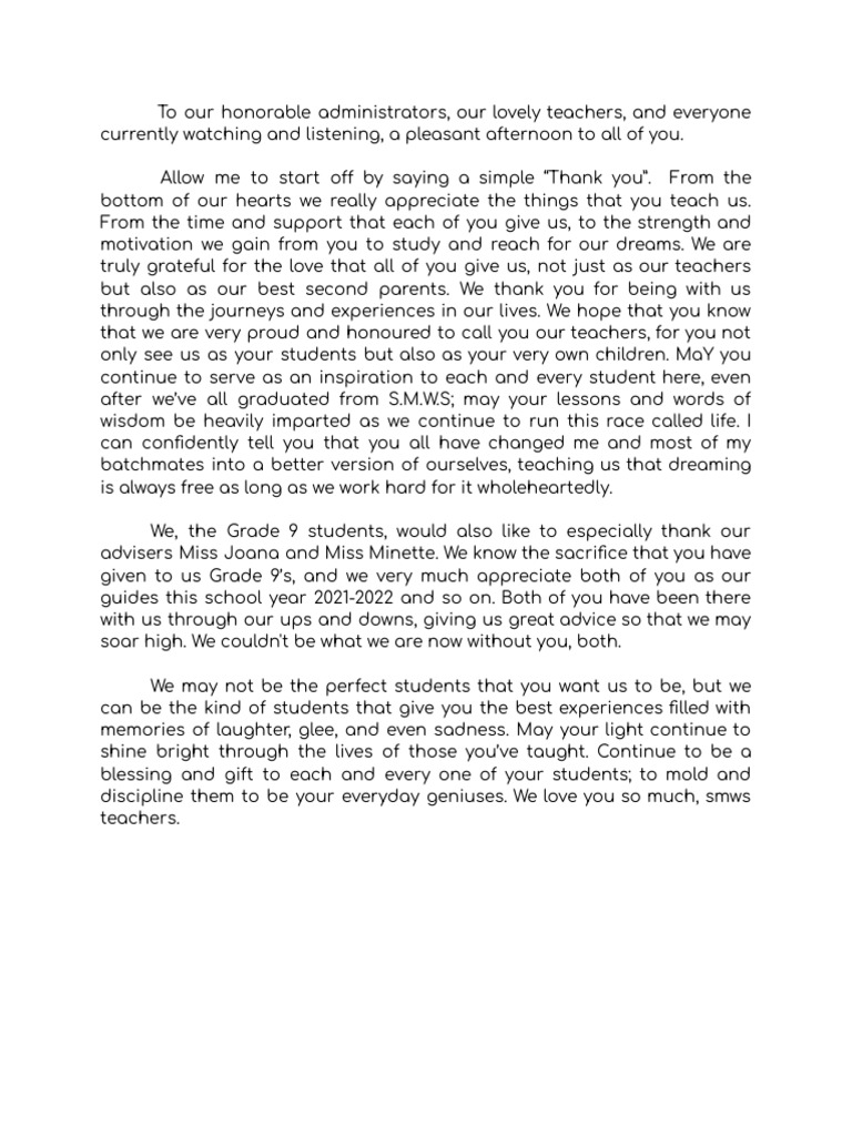 Appreciation Letter Grade 9 | PDF