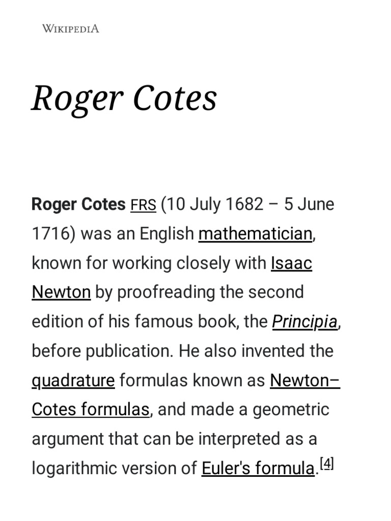 Roger Cotes - Wikipedia | PDF | Mathematics
