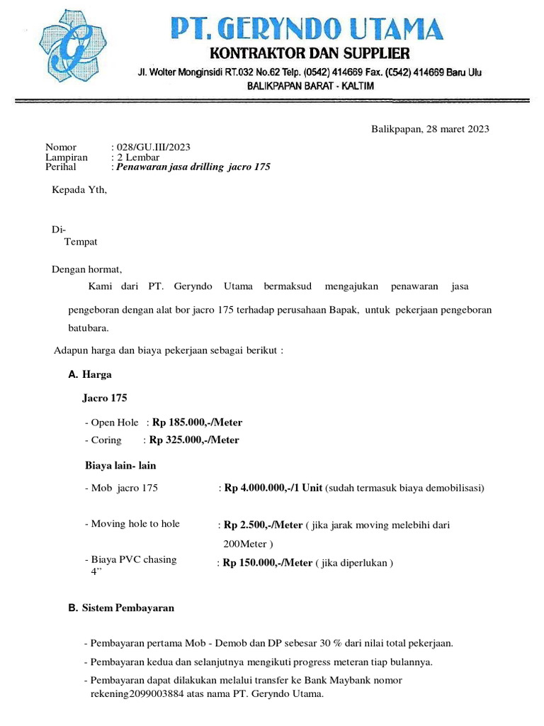 Penawaran Jasa Drilling Jacro 175 | PDF