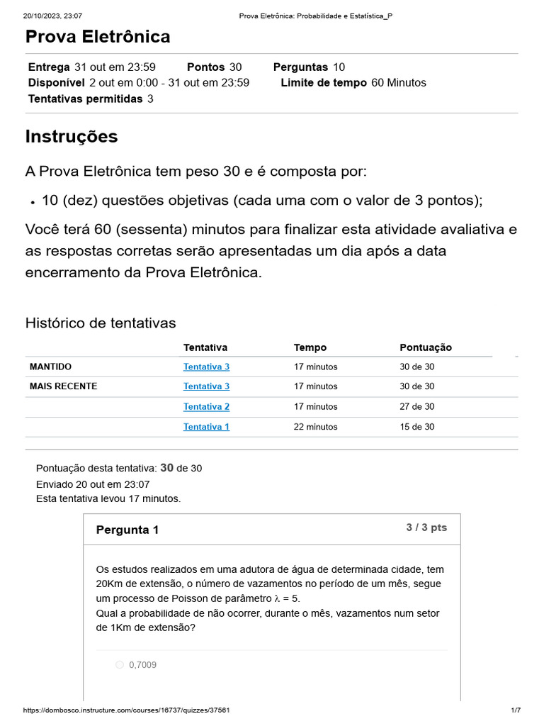Prova Eletrônica - Probabilidade e Estatística - P3 | PDF