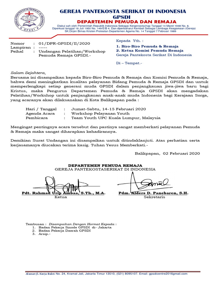 Undangan Workshop Pemuda Remaja GPSDI 2020 | PDF
