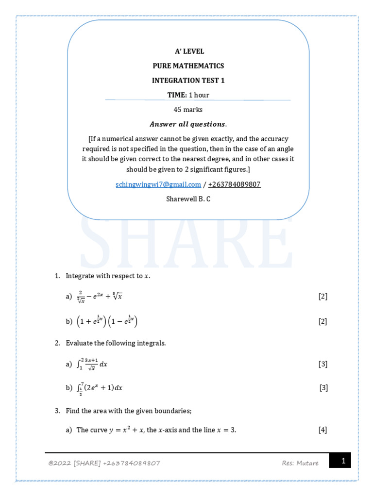 Share Full (Integration) Tests and Solution (1 - 6) | PDF | Equations ... Share Full (Integration) Tests and Solution (1 - 6) | PDF | Equations ...