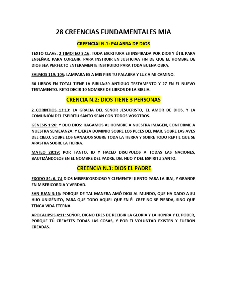 28 Creencias Fundamentales Mia Resumen | PDF