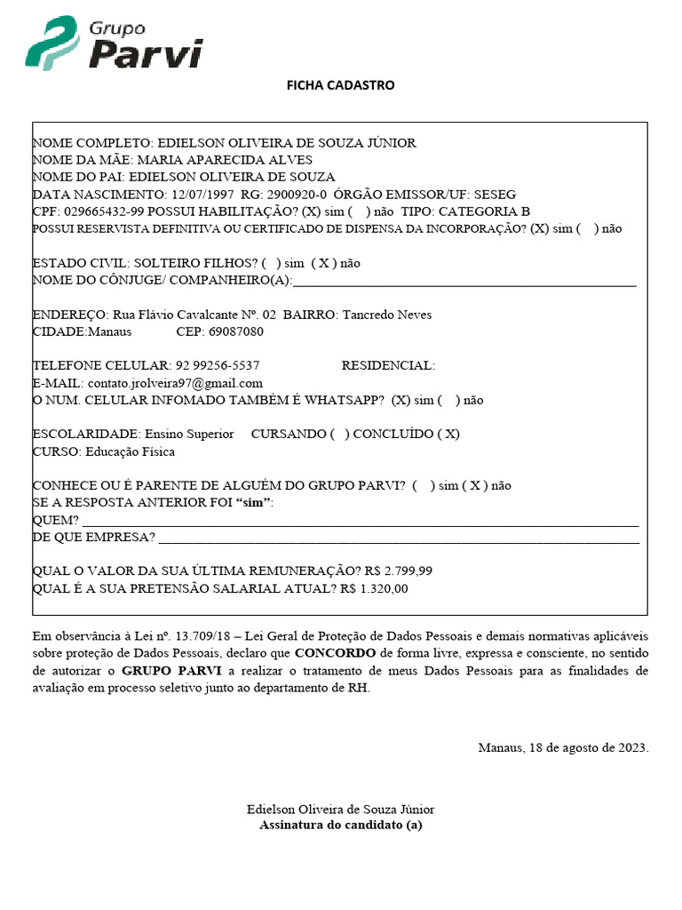 Ficha Cadastro RH - Grupo Parvi | PDF