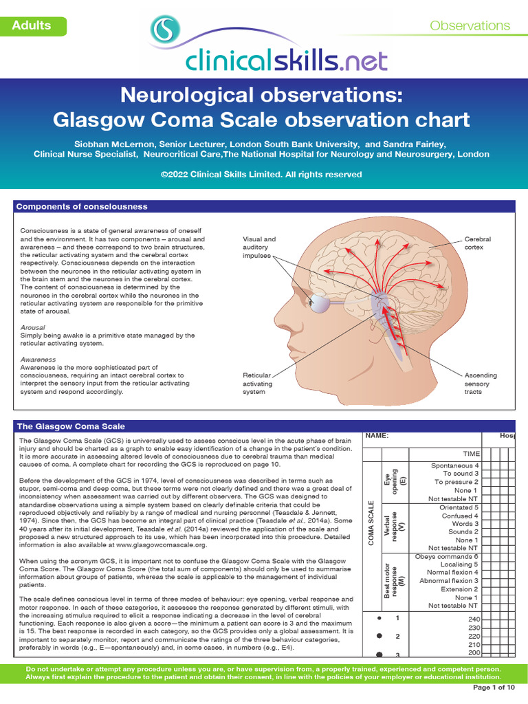 Neurological Observations Glasgow Coma Scale Observation Chart - P1 P10 ...