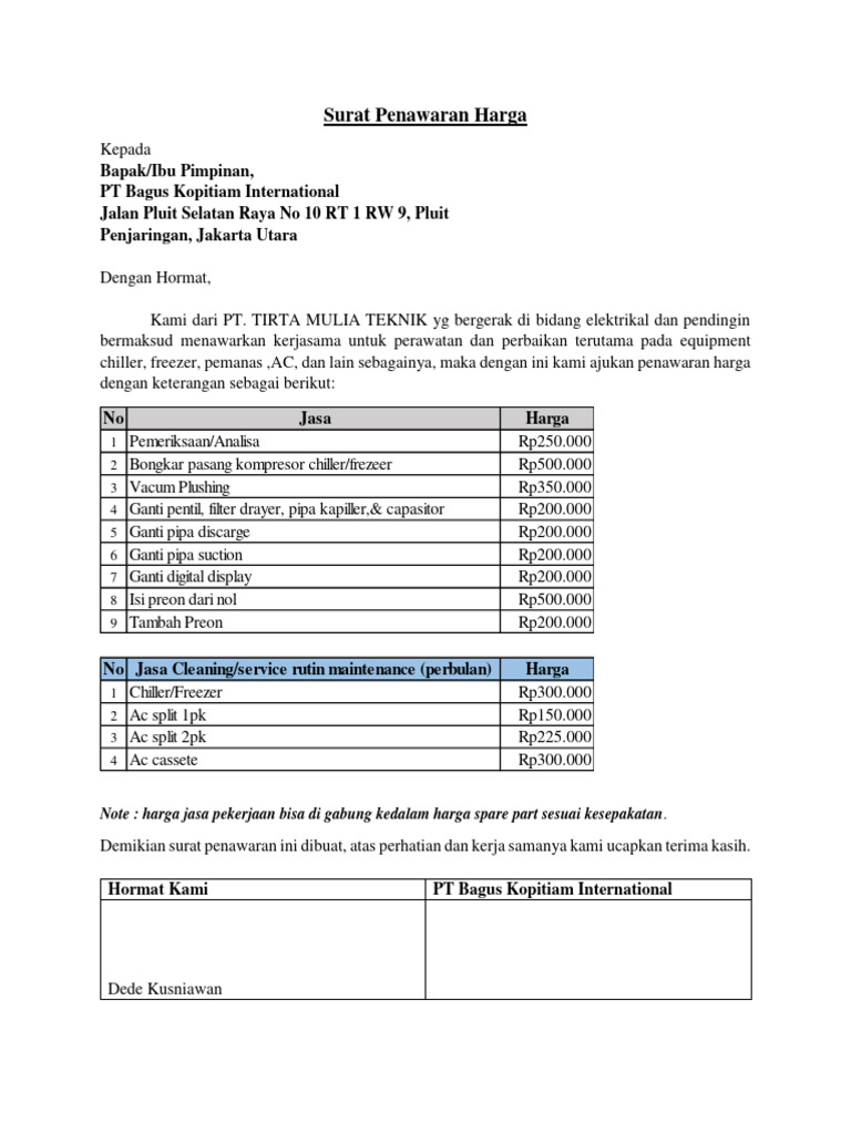 Surat Penawaran Harga Jasa Maintenance Chiller DLL | PDF
