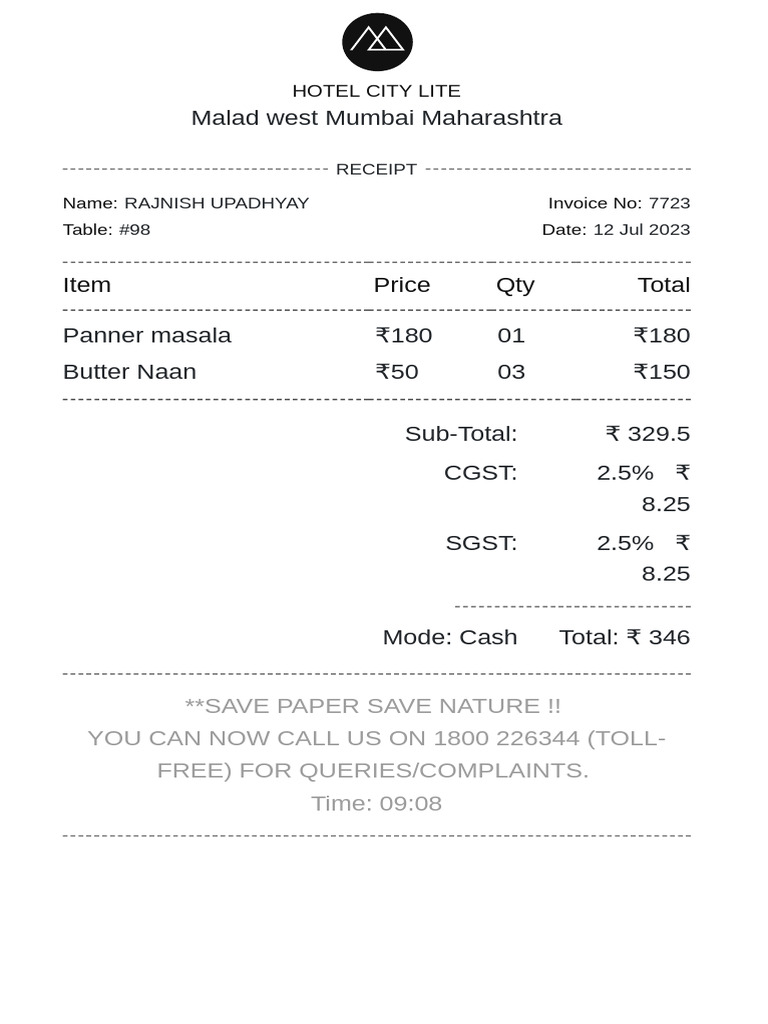 Hotel Restaurant Bill Sample | PDF
