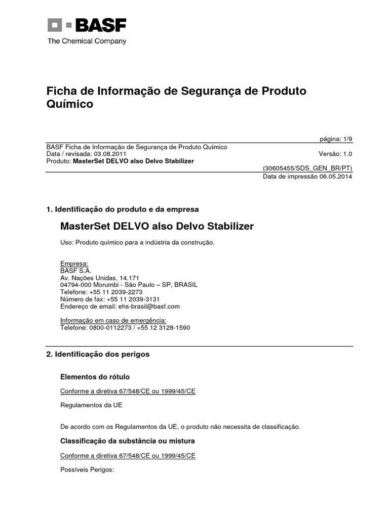 MSDS MasterSet Delvo | PDF | Química | Solubilidade