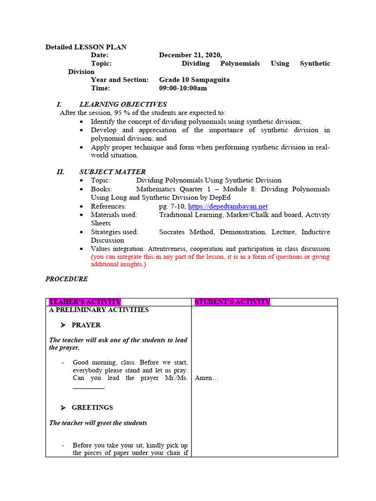 Synthetic Division Lesson Plan for Grade 10 | PDF | Factorization ...