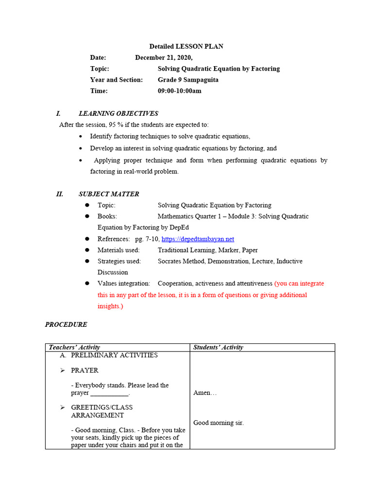 Detailed-LESSON-PLAN - MARK.docx Com | PDF | Factorization | Quadratic ...