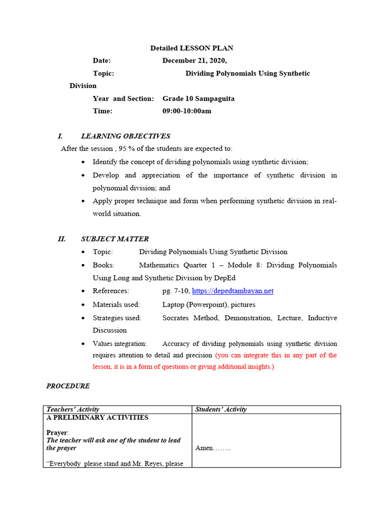 Lesson Plan Detailed For TLE | PDF | Division (Mathematics) | Mathematics